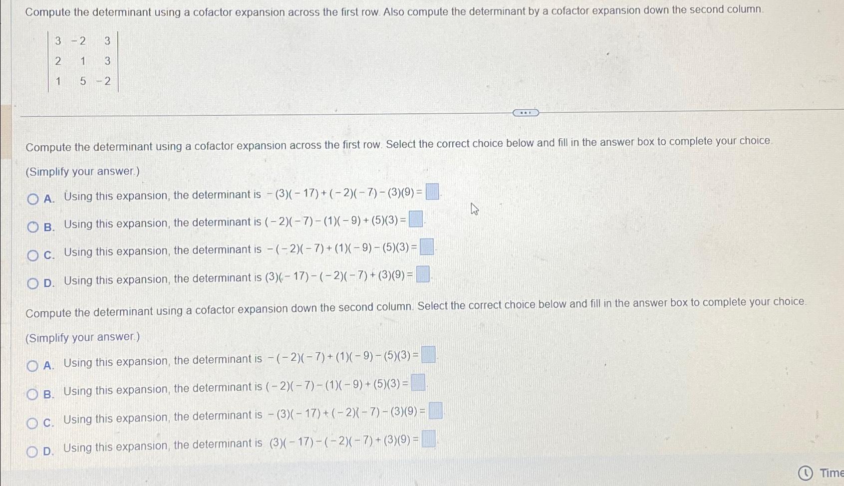 Solved Compute the determinant using a cofactor expansion | Chegg.com
