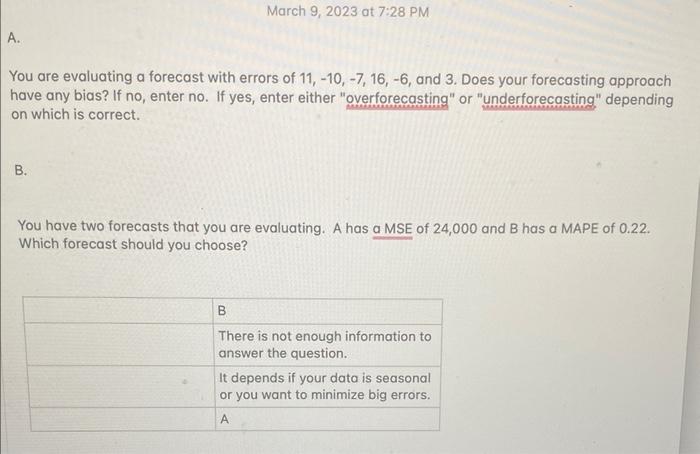 Solved You are evaluating a forecast with errors of | Chegg.com