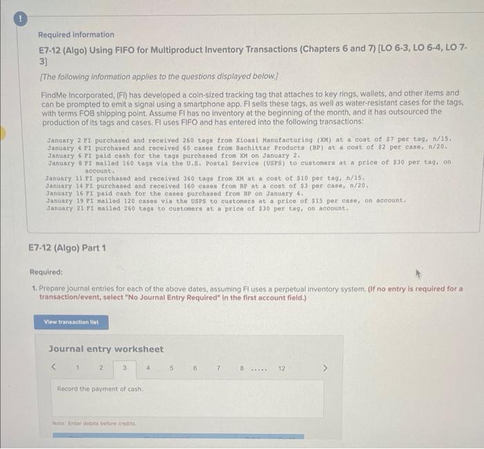 Solved Required information E7-12 (Algo) Using FIFO for | Chegg.com