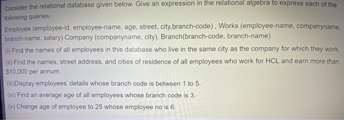 Solved Consider the relational database given below. Give an | Chegg.com