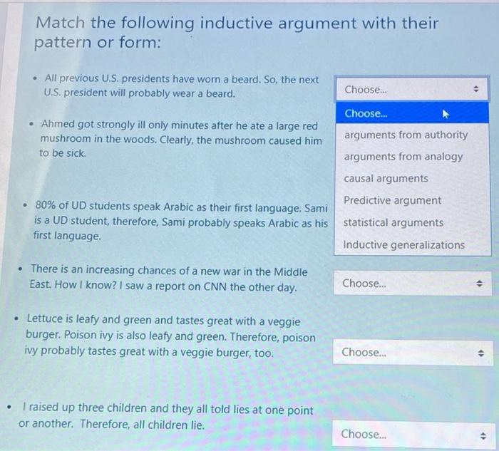 Solved Match the following inductive argument with their | Chegg.com