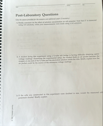Solved Post-Laboratory Questions(Llse the spaces preeifel | Chegg.com