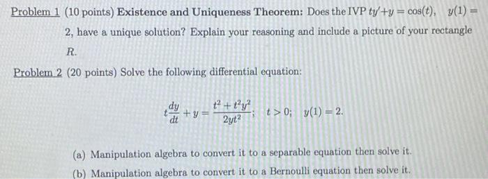 Solved Problem 1 (10 points) Existence and Uniqueness | Chegg.com