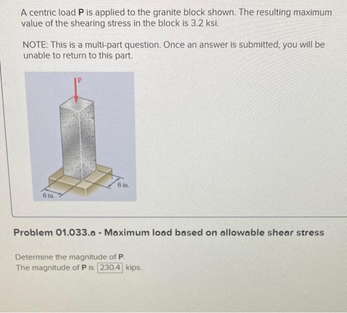 Solved A centric load P is applied to the granite block | Chegg.com