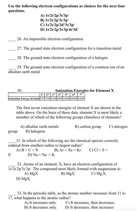 Solved Use the following electron configurations as choices | Chegg.com
