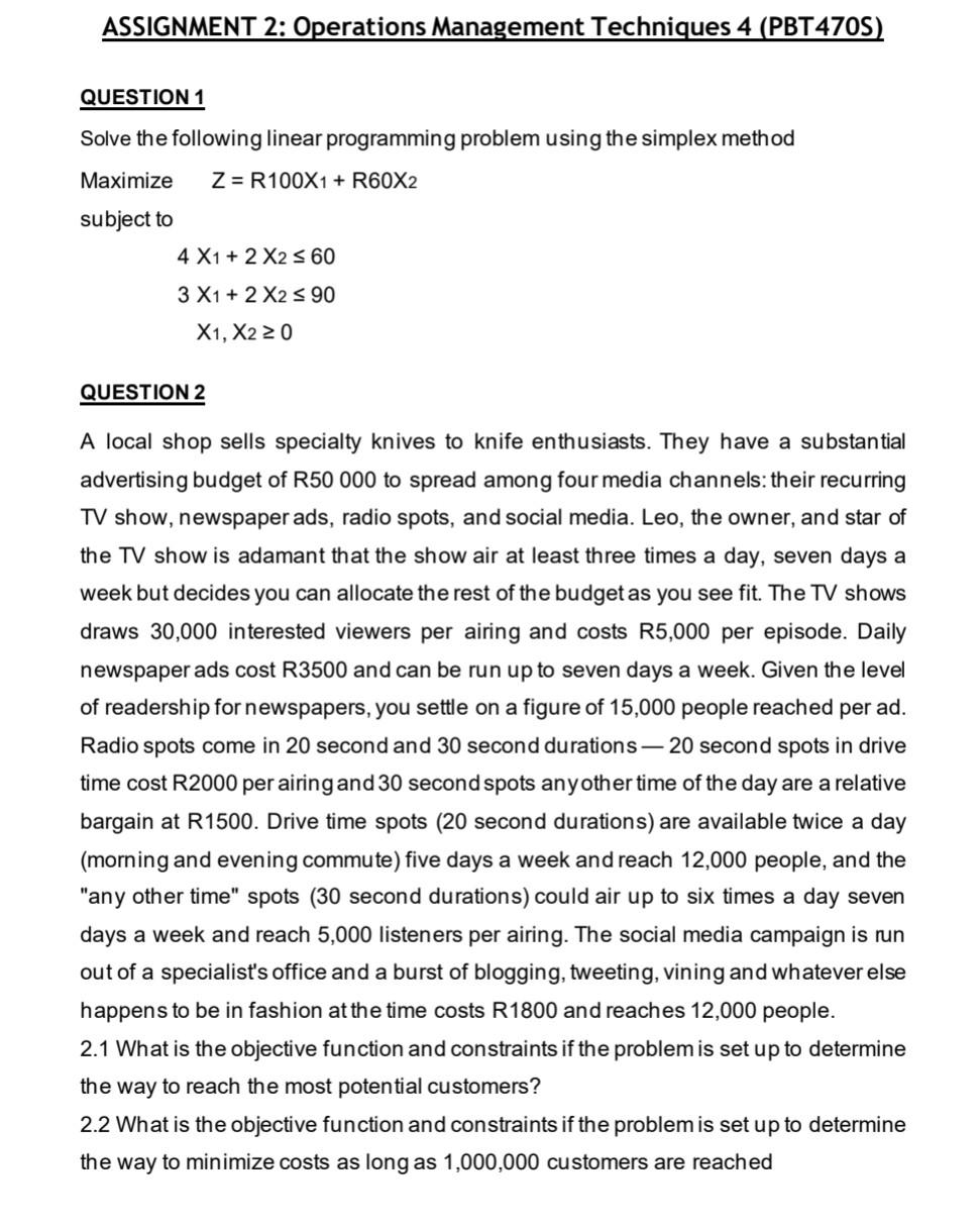Solved QUESTION 1 Solve the following linear programming | Chegg.com