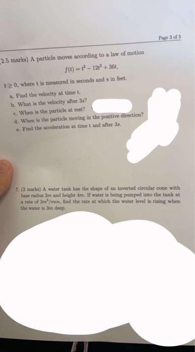 Solved 2.5 marks) A particle moves according to a law of | Chegg.com