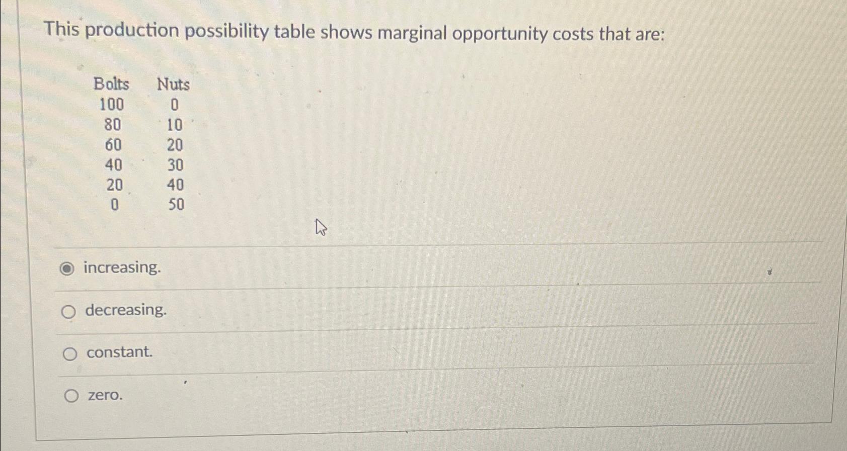 Solved This production possibility table shows marginal | Chegg.com