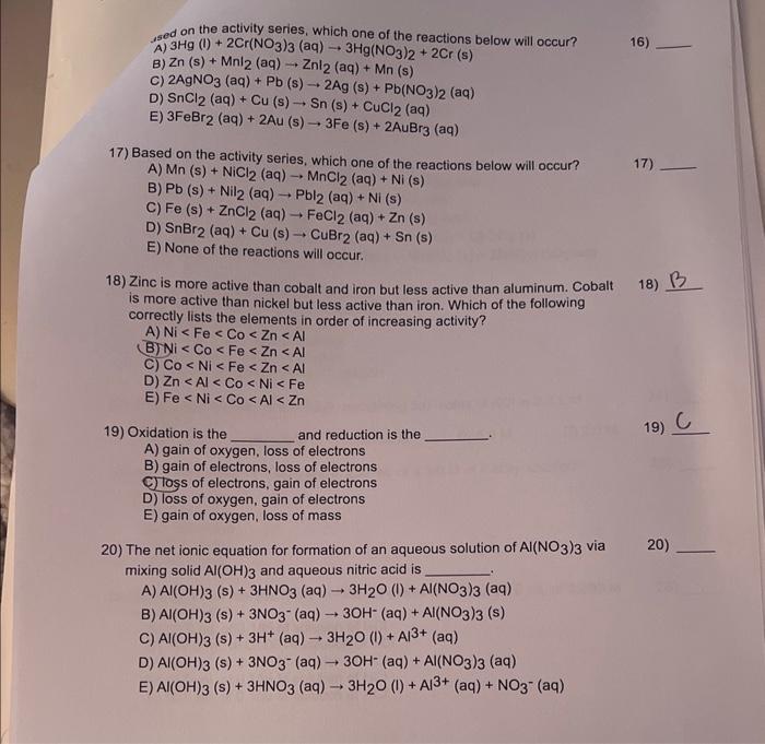 Solved sed on the activity series, which one of the | Chegg.com