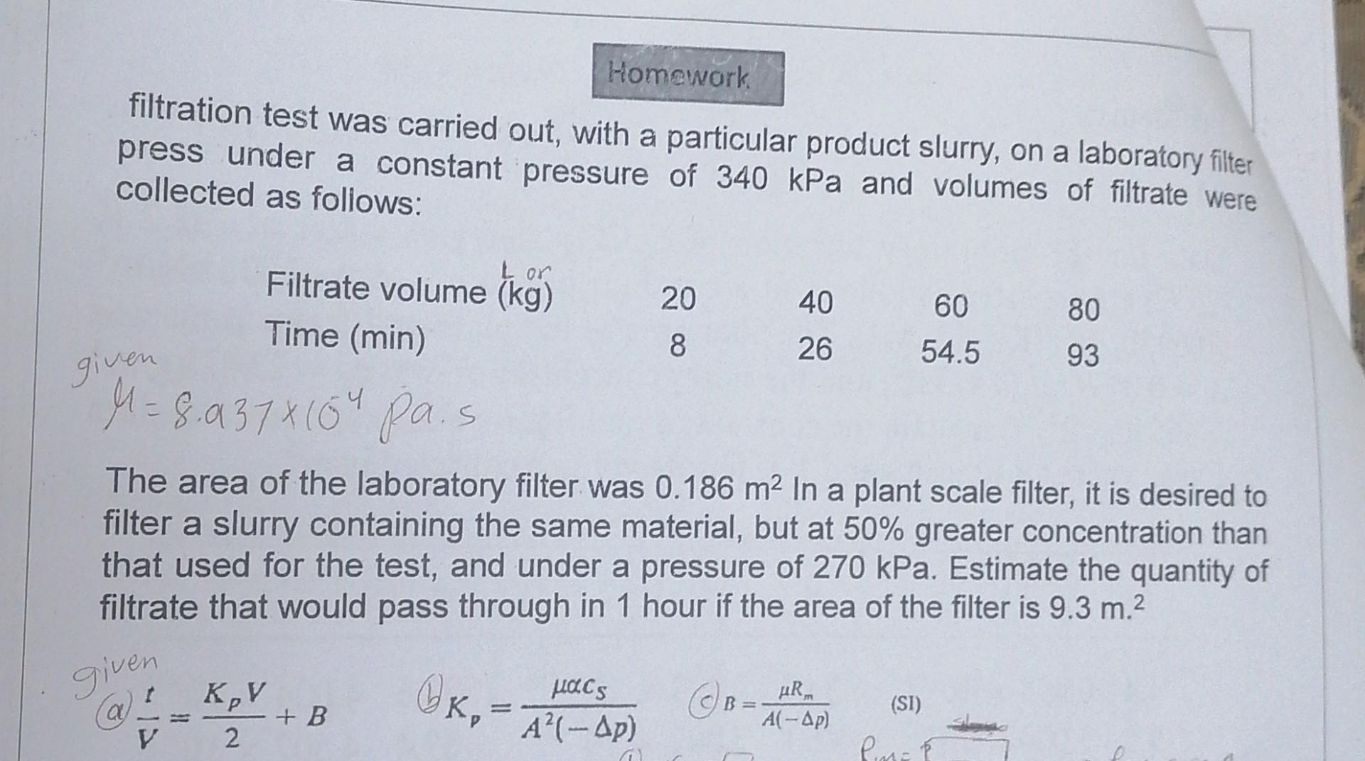 Solved filtration test was carried out, with a particular | Chegg.com