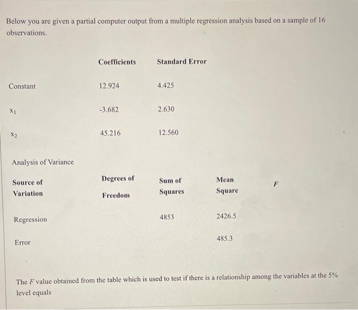 Solved Below You Are Given A Partial Computer Output From A 