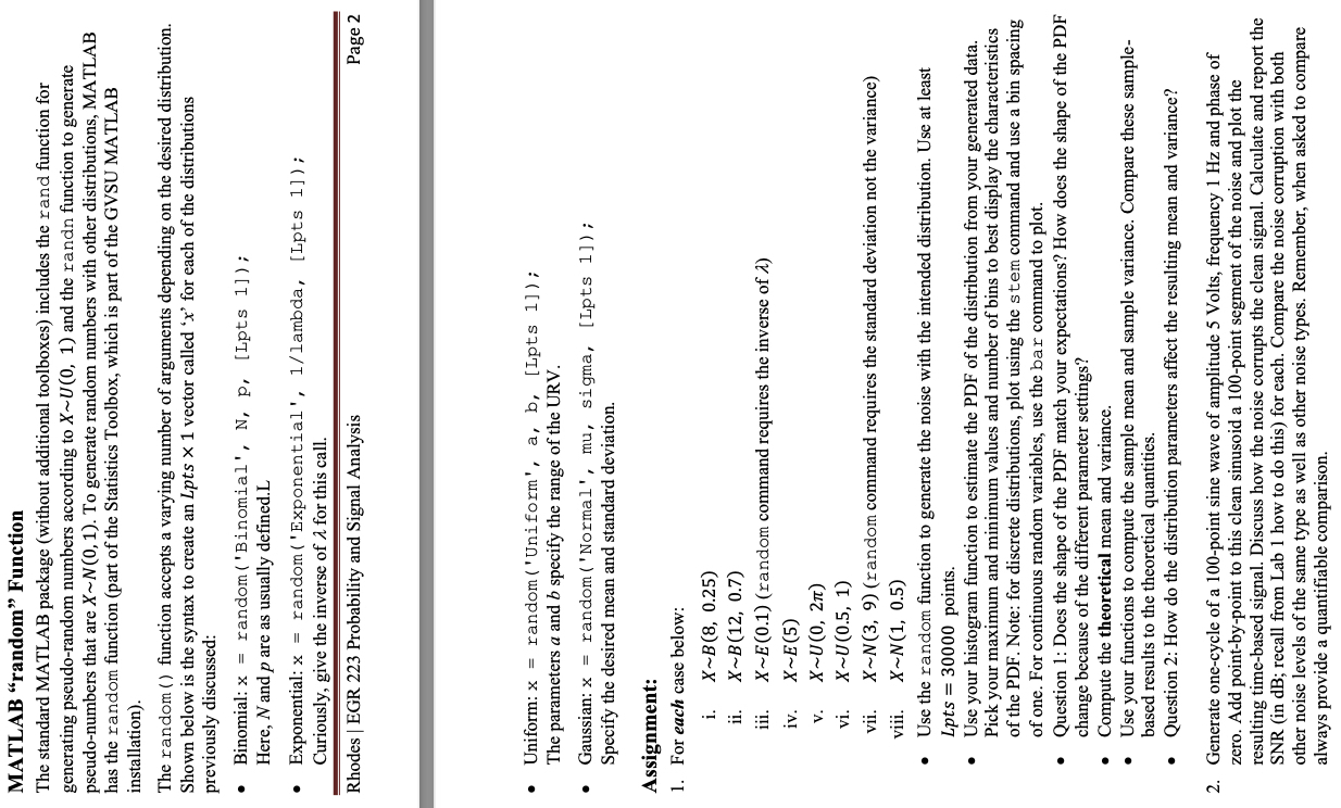 Solved Matlab Random Functionthe Standard Matlab Package