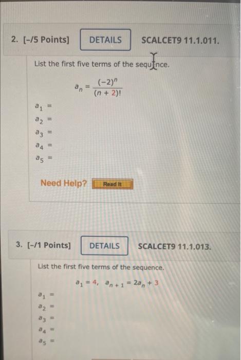 Solved 2. [-15 Points] DETAILS SCALCET9 11.1.011. Y List the | Chegg.com