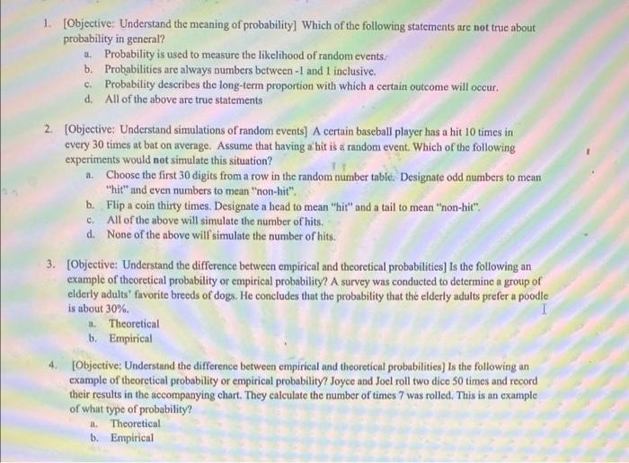 Solved a 1. Objective: Understand the meaning of probability | Chegg.com