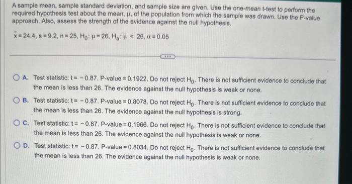 Solved A sample mean, sample standard deviation, and sample | Chegg.com