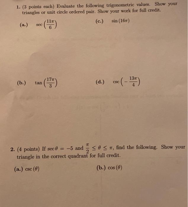 Solved 1. (3 points each) Evaluate the following | Chegg.com