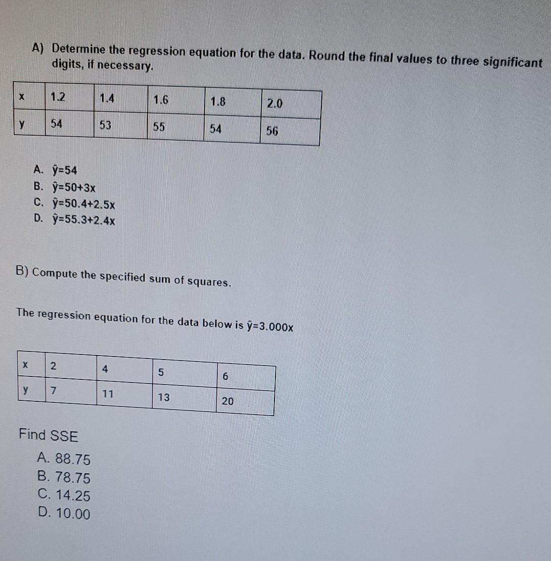 Solved A) Determine the regression equation for the data. | Chegg.com