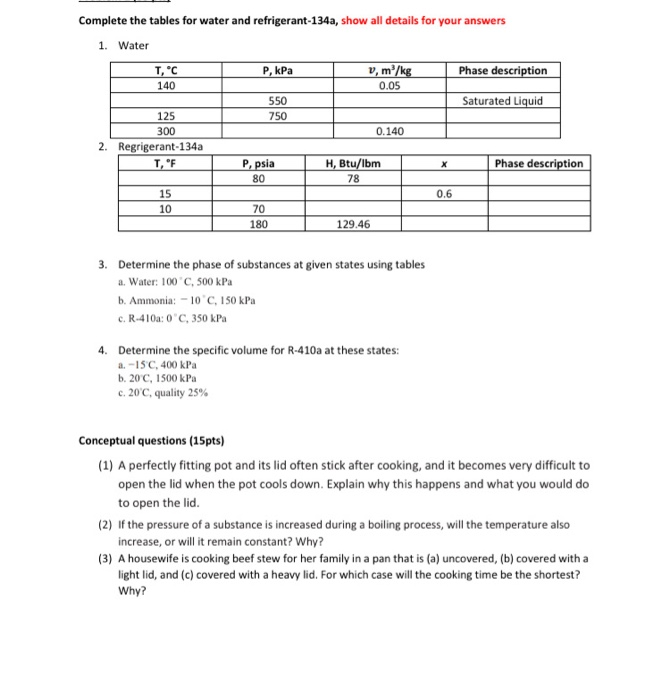 Solved Complete the tables for water and refrigerant-134a, | Chegg.com