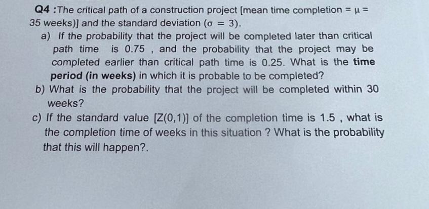 Solved Q4 ﻿: The critical path of a construction project | Chegg.com
