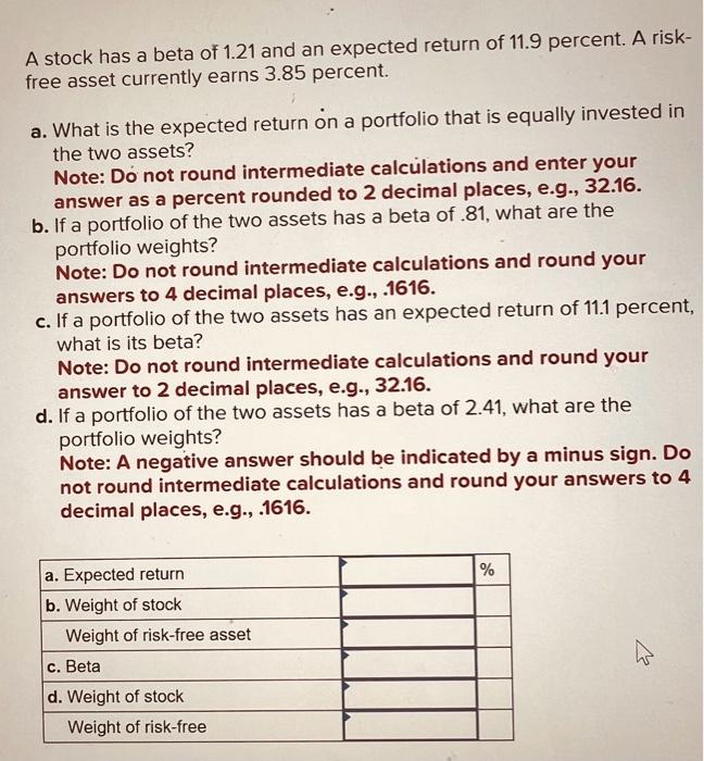Solved A stock has a beta of 1.21 and an expected return of | Chegg.com
