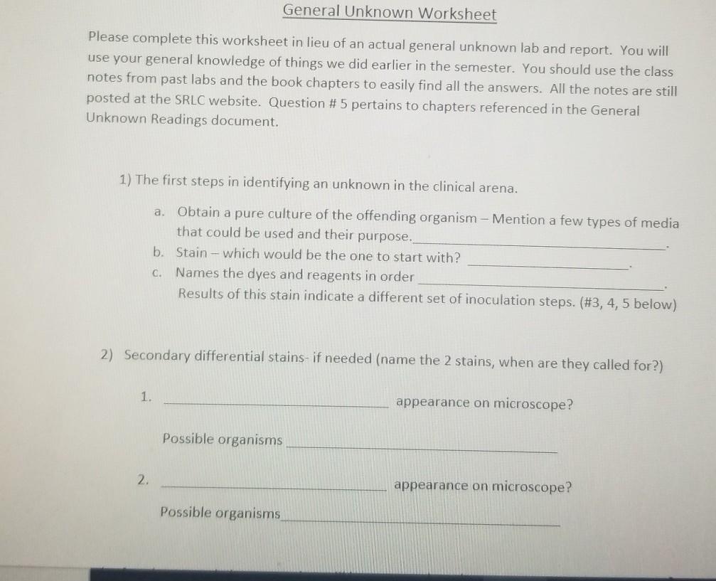 Solved General Unknown Worksheet Please complete this | Chegg.com