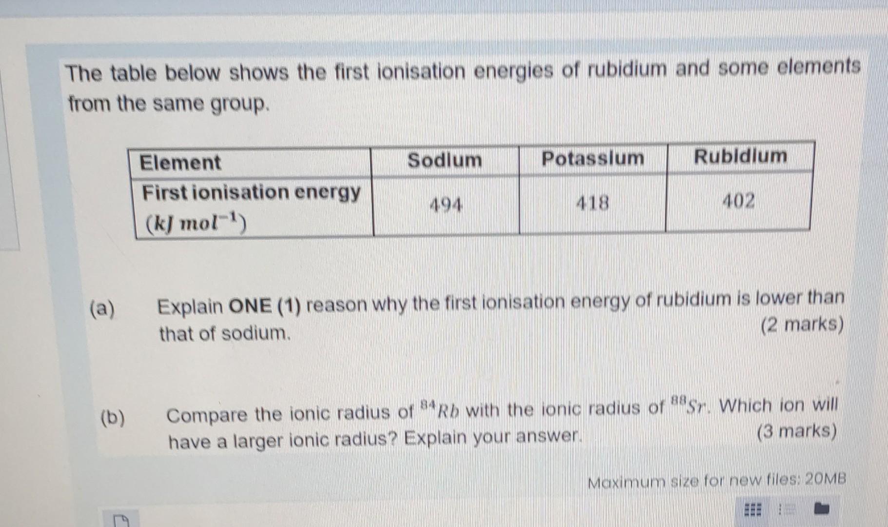 Solved The table below shows the first ionisation energies | Chegg.com