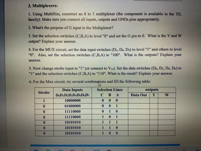 Solved 3. Multiplexers: 1. Using MultiSim, construct an 8 to | Chegg.com