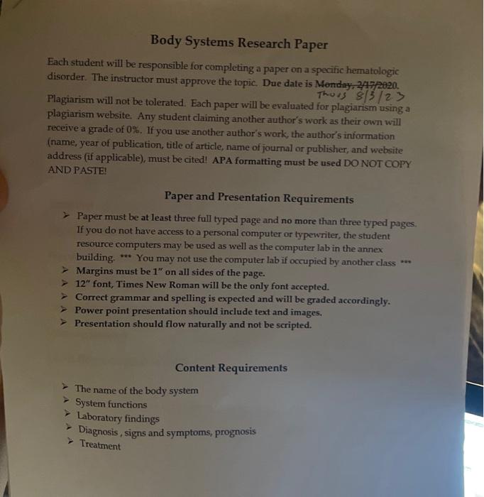 Solved Body Systems Research Paper Each student will be | Chegg.com