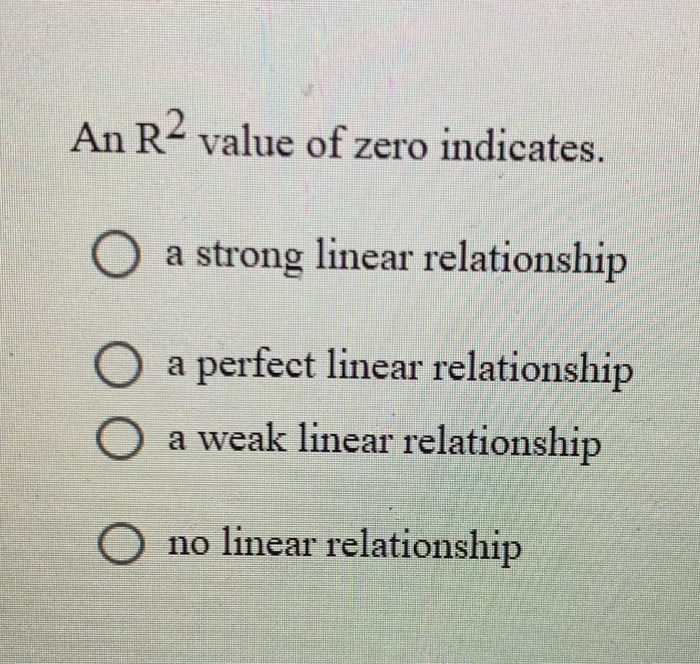 Solved An R2 value of zero indicates. O a strong linear | Chegg.com