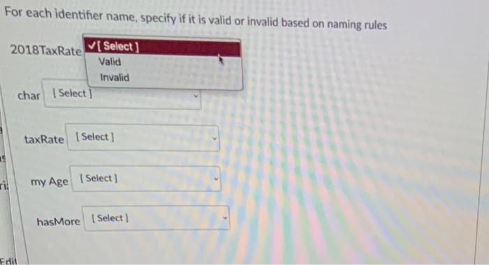Solved For each identifier name, specify if it is valid or | Chegg.com