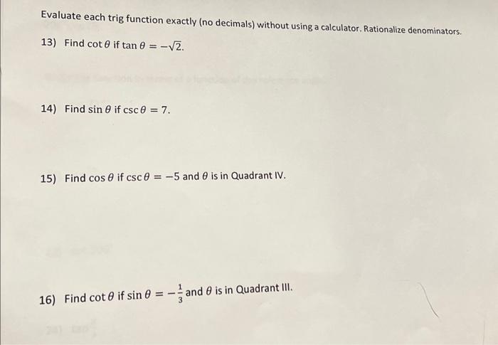 Solved Evaluate each trig function exactly (no decimals) | Chegg.com