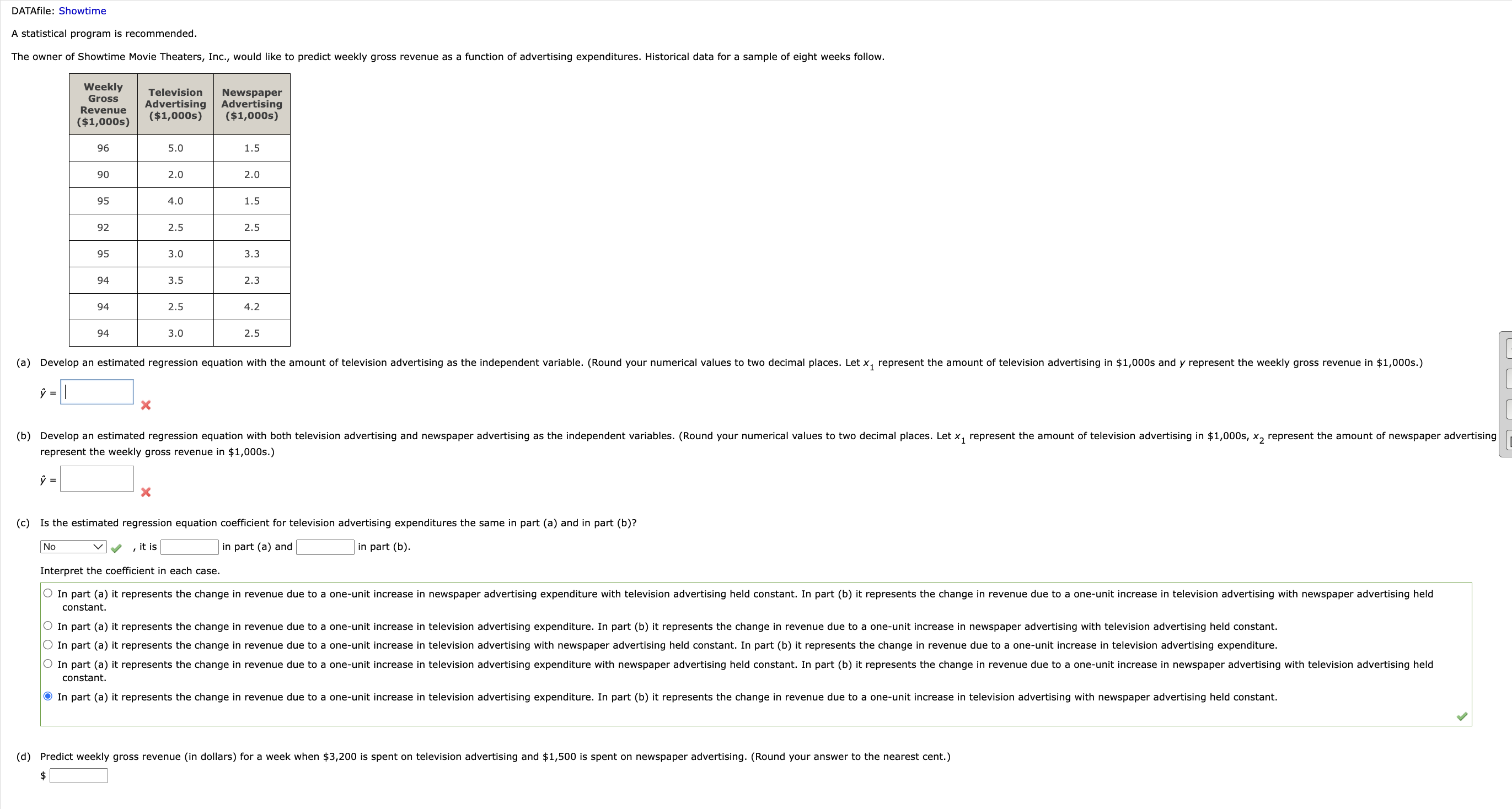 Solved DATAfile: ShowtimeA statistical program is | Chegg.com