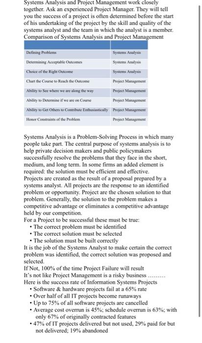 Solved Systems Analysis and Project Management work closely | Chegg.com