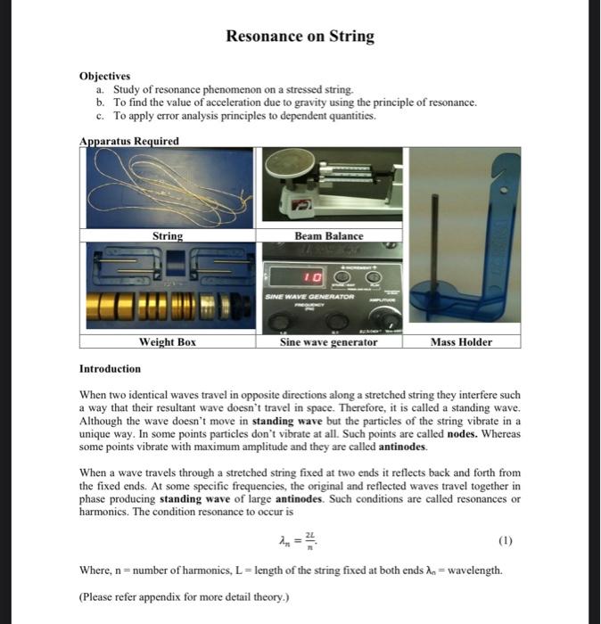 Resonance on String Objectives a. Study of resonance | Chegg.com