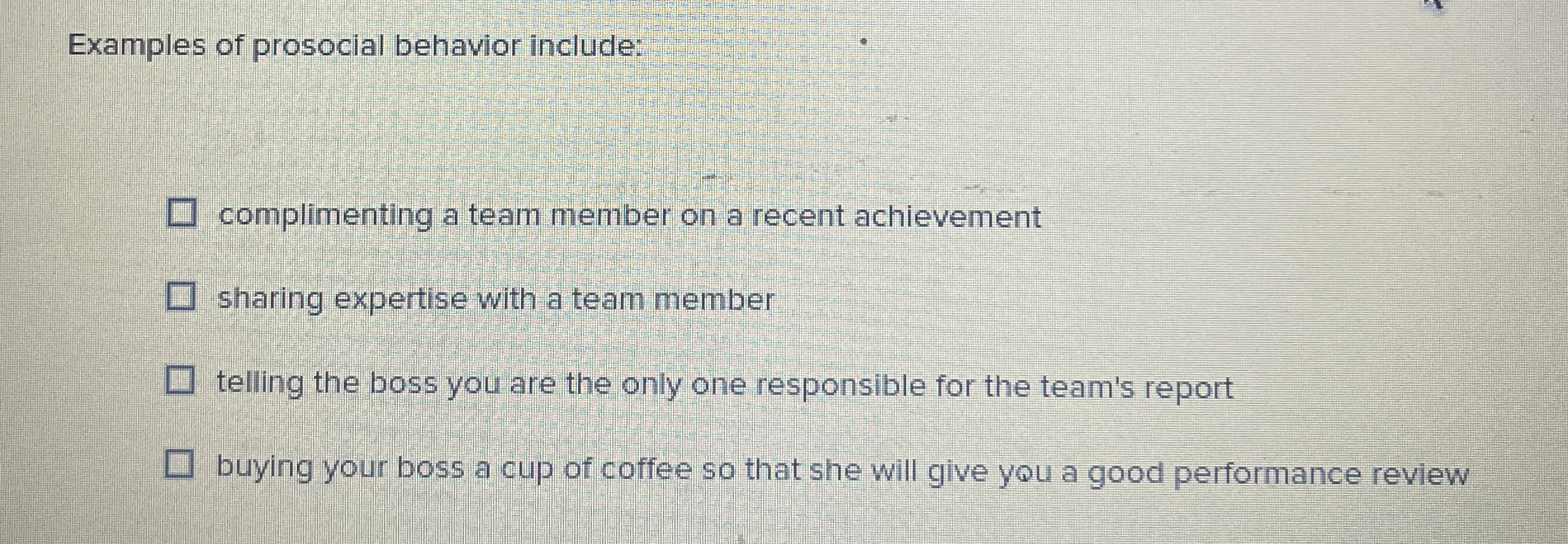 Solved Examples of prosocial behavior include:complimenting | Chegg.com