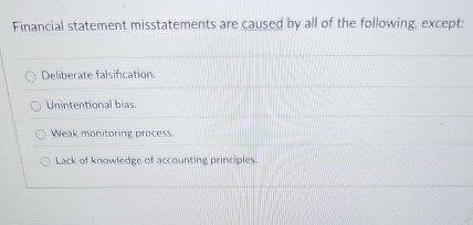 Solved Financial statement misstatements are caused by all | Chegg.com