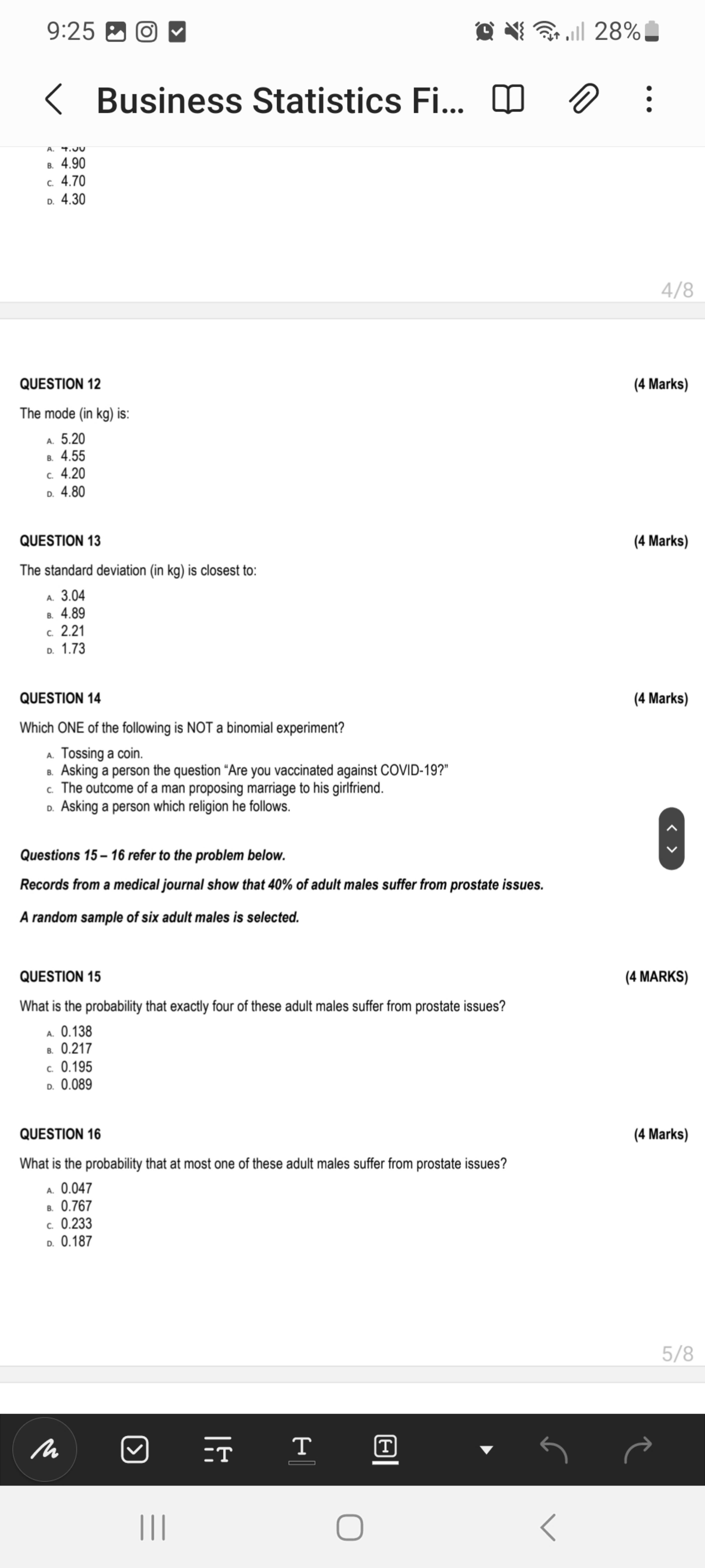 Solved QUESTION 12 (4 ﻿Marks)The mode (in kg) ﻿is:A. 5.20 | Chegg.com