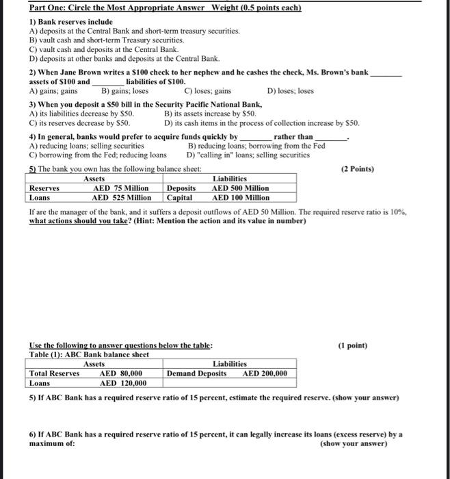 Solved Part One: Circle the Most Appropriate Answer Weight | Chegg.com