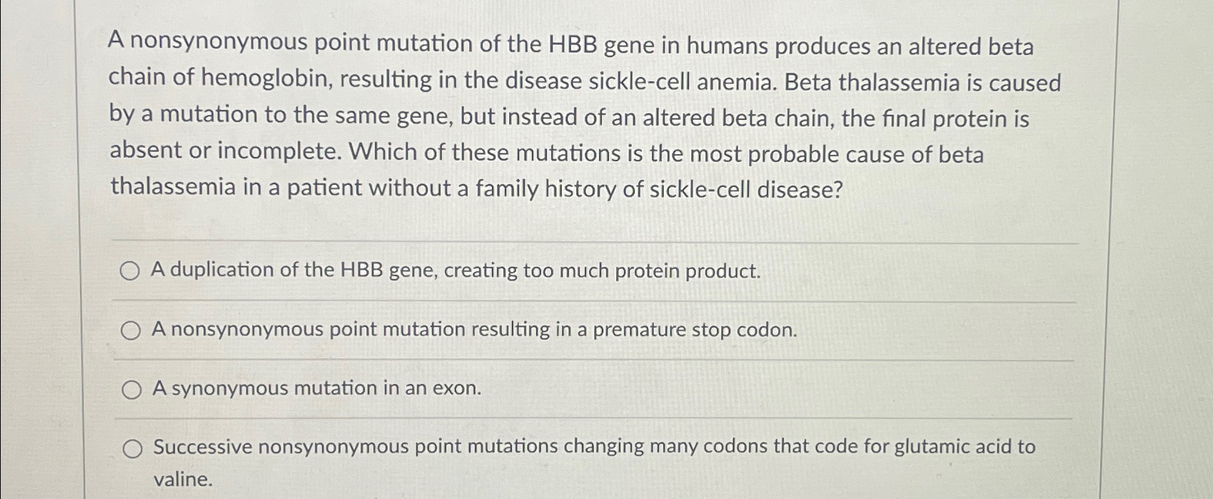 Solved A nonsynonymous point mutation of the HBB gene in | Chegg.com