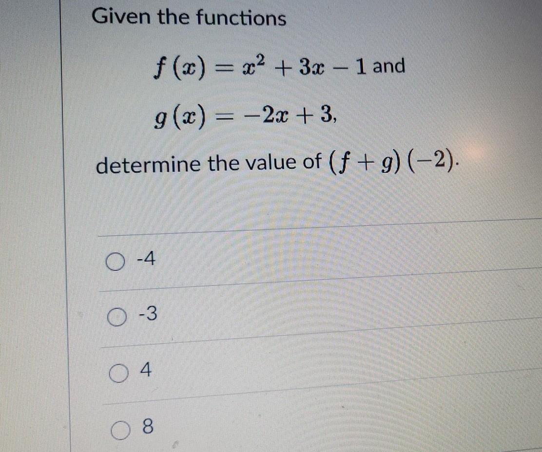 Solved Given the functions f(x) = x2 + 3x - 1 and g(x) = -2x | Chegg.com
