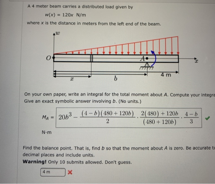 Solved A 4 meter beam carries a distributed load given by | Chegg.com