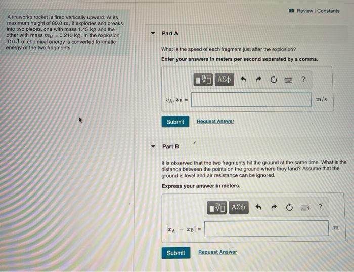 Solved A Review I Constants A fireworks rocket is fired | Chegg.com