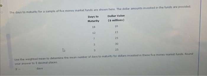 Solved The days to maturty for a sample of five money market | Chegg.com