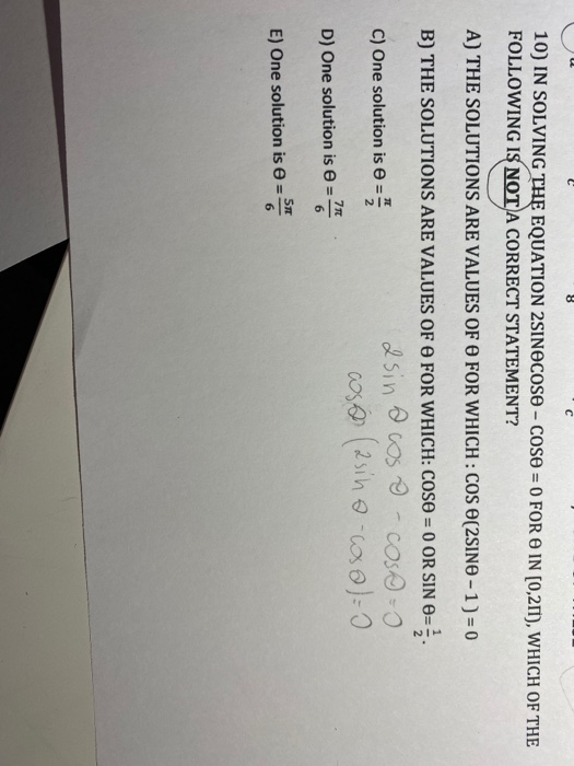Solved 8 10) IN SOLVING THE EQUATION 2SINOCOSO - COSO = 0 | Chegg.com