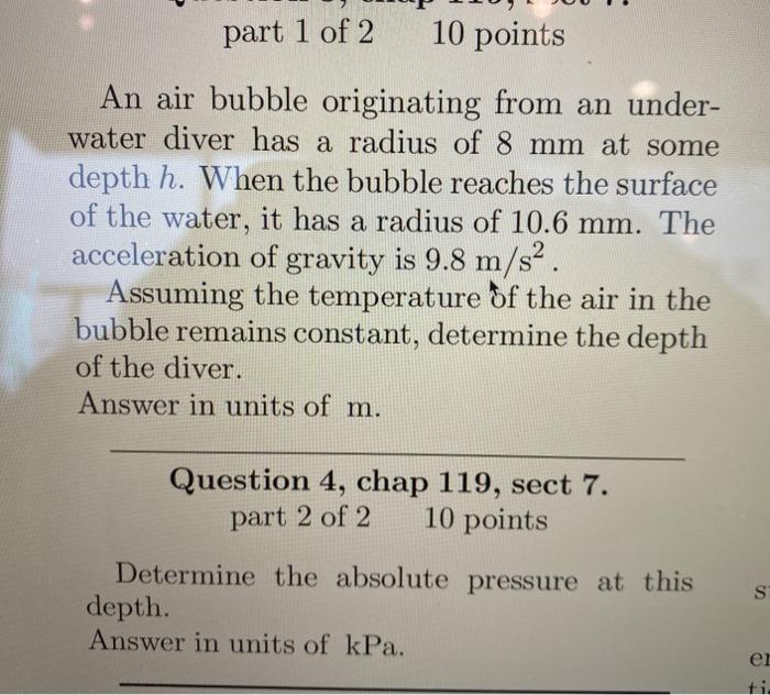 Solved part 1 of 2 10 points An air bubble originating from | Chegg.com