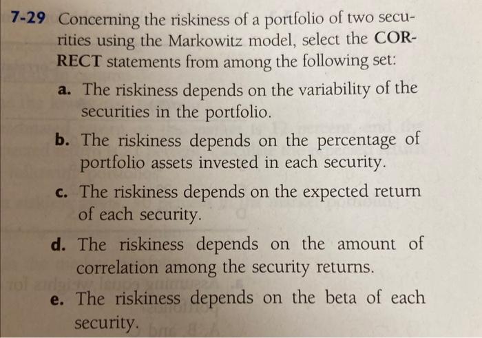 Solved 7-29 Concerning the riskiness of a portfolio of two | Chegg.com