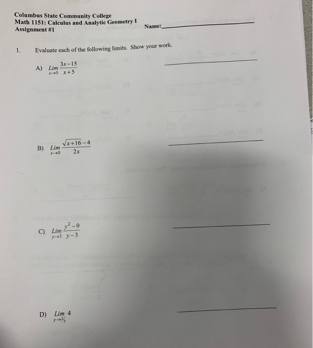 Solved Columbus State Community College Math 1151: Calculus | Chegg.com