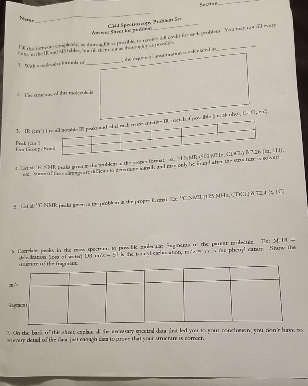 Solved Section Name C344 Spectroscopy Problem Set Answer | Chegg.com