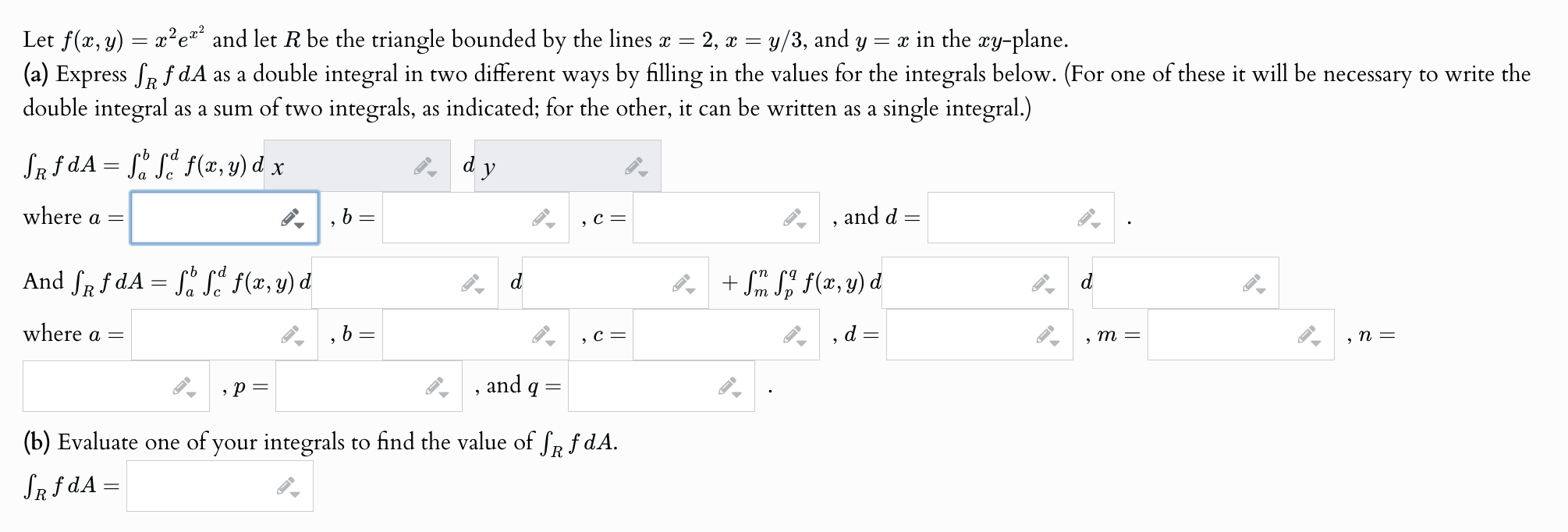 Let f(x,y)=x2ex2 ﻿and let R ﻿be the triangle bounded | Chegg.com