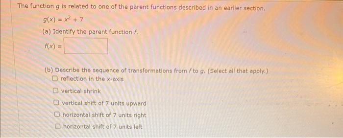 Solved function g is related to one of the parent functions | Chegg.com